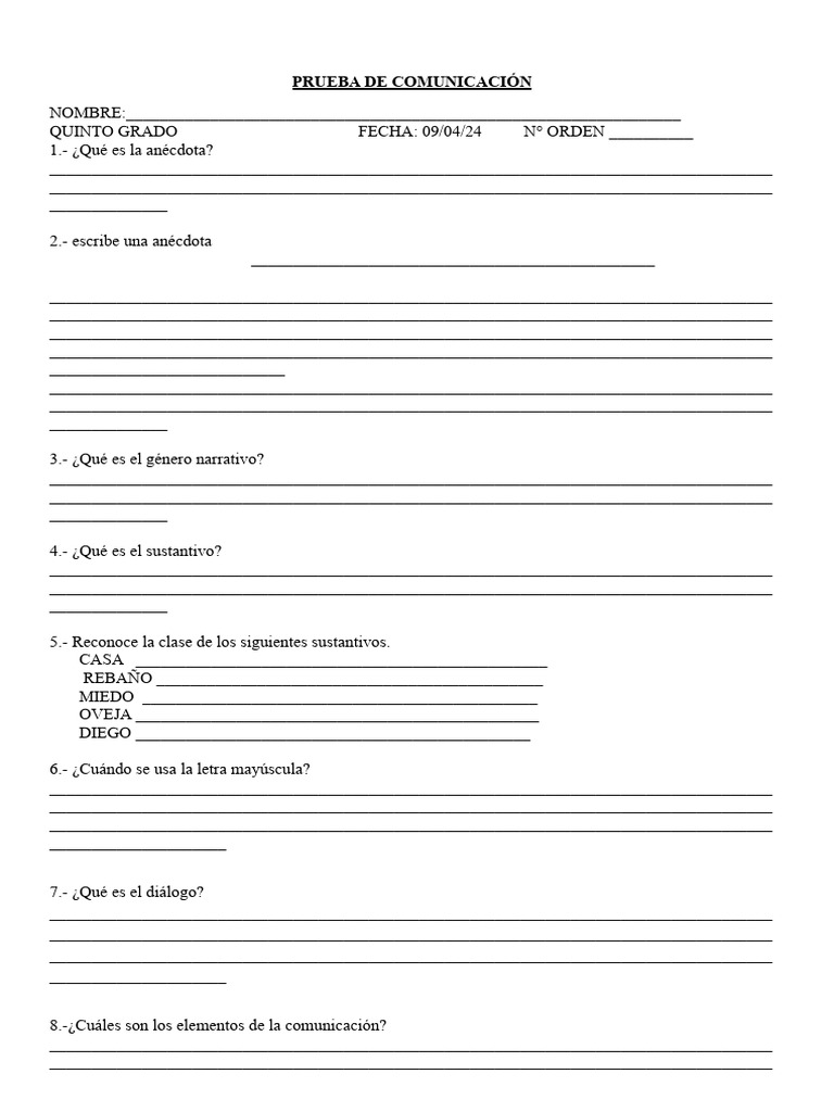 PRUEBA DE COMUNICACIÓN 5° | PDF