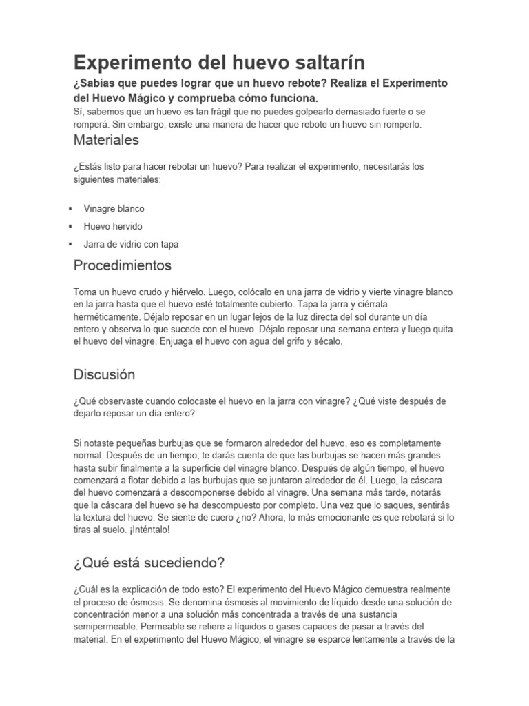 Experimento Del Huevo Saltarín | PDF | Ósmosis | Vinagre