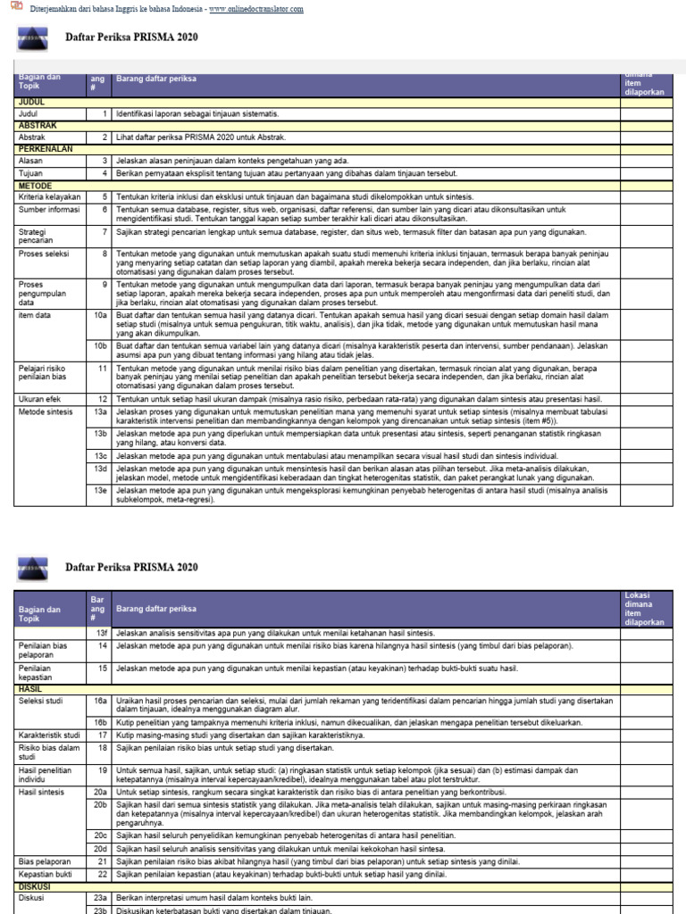 PRISMA 2020 Checklist - En.id | PDF
