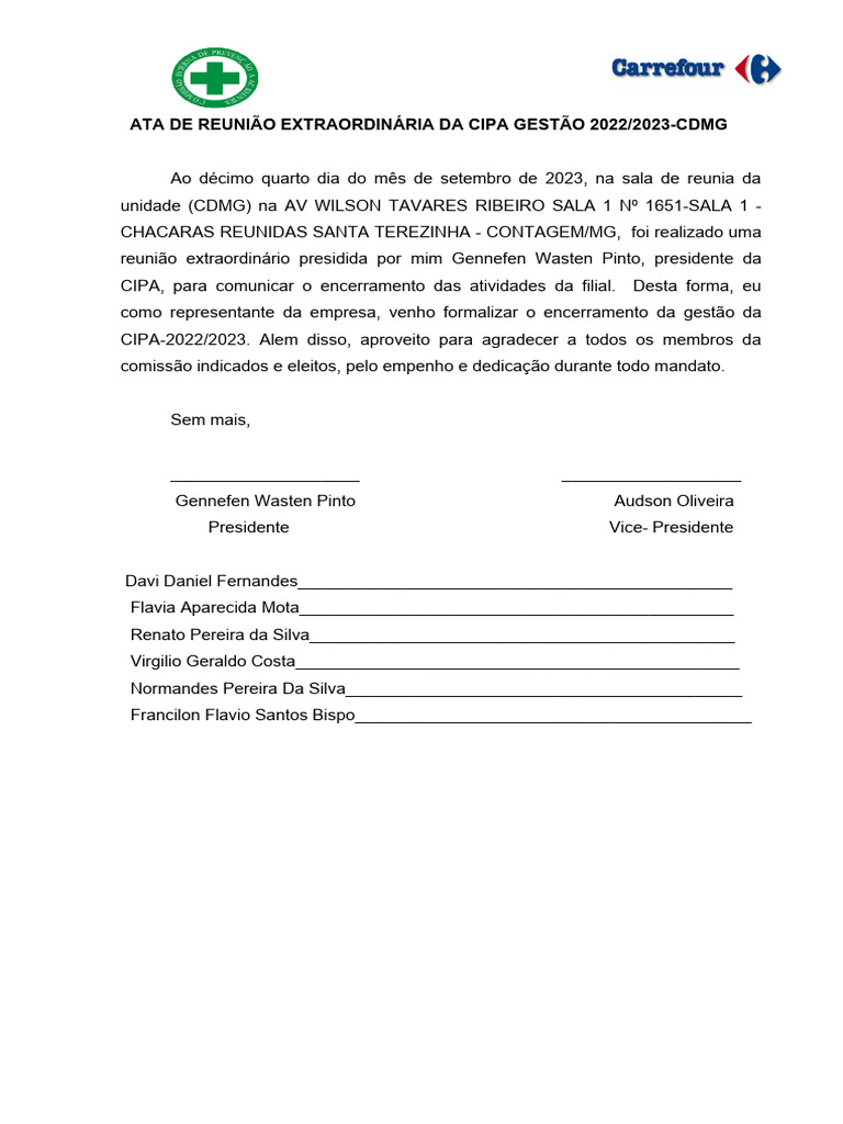 Ata de Reunião Extraordinária Da Cipa Gestão 2023-CDMG | PDF