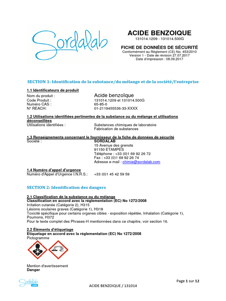 Fiche de sécurité de l'acide benzoïque | PDF | Lutte contre l'incendie ...