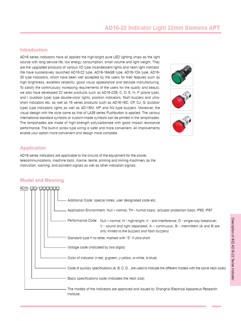 AD16-22-indicator-light-22mm-Siemens-APT | PDF | Power Supply | Alternating Current