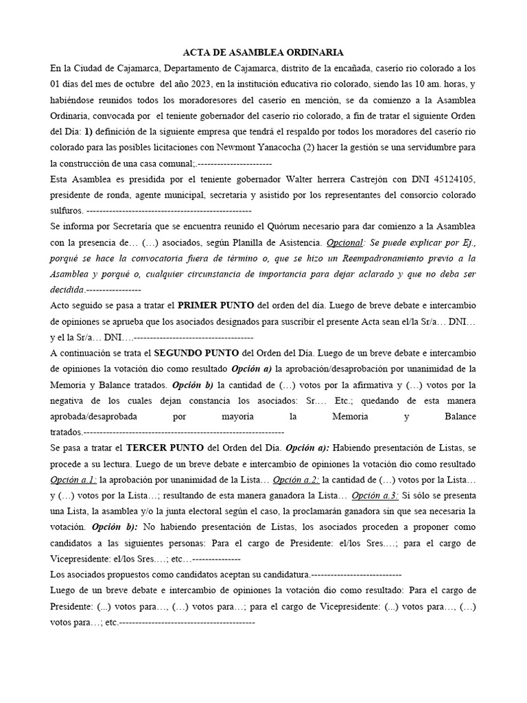 Ref. 17. Modelo de Acta de Asamblea Ordinaria | PDF | Votación | Responsabilidad