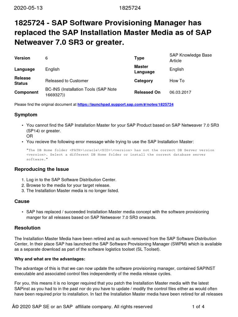SAP Software Provisioning Manager Has Replaced The SAP Installation Master Media As of SAP ...