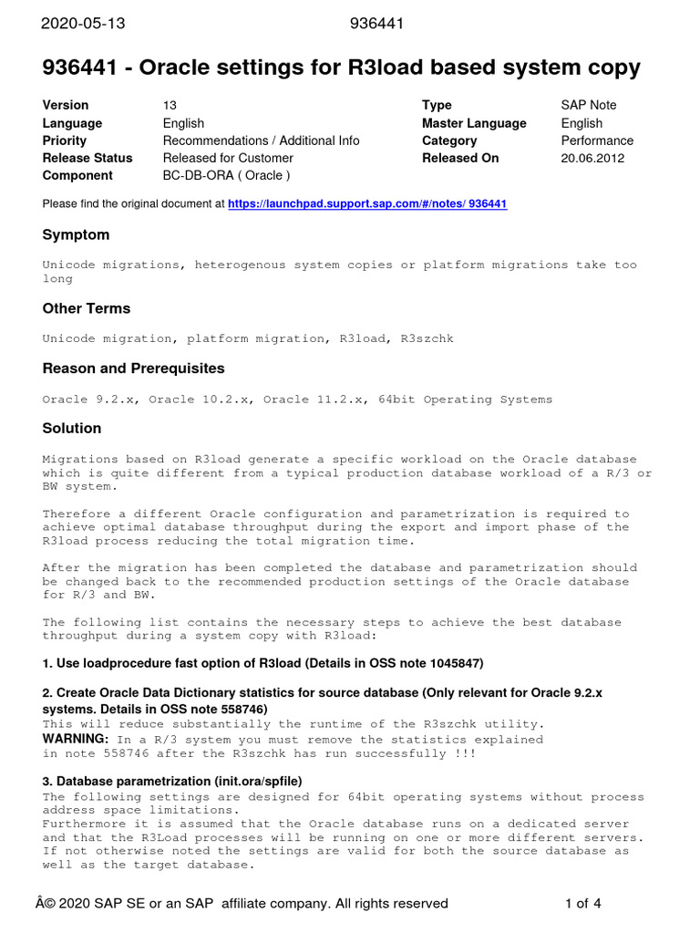 Oracle Settings For R3load Based System | PDF | Databases | Operating ... Oracle Settings For R3load Based System | PDF | Databases | Operating ...