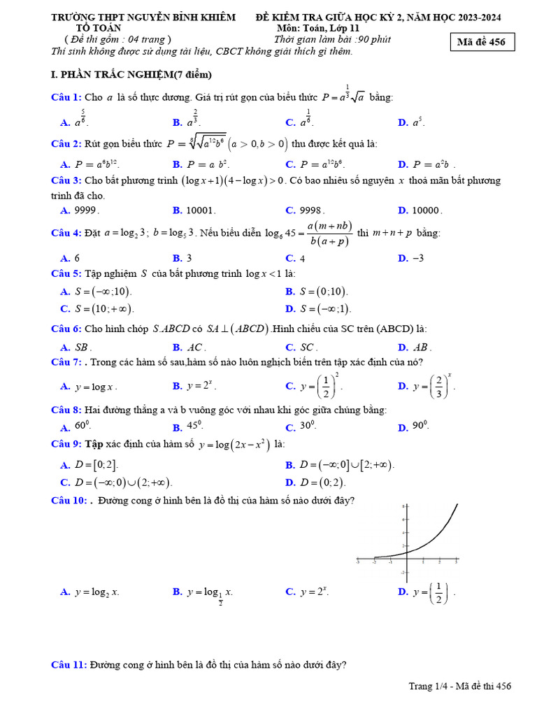 De Giua Ky 2 Toan 11 Nam 2023 2024 Truong THPT Nguyen Binh Khiem Gia Lai | PDF