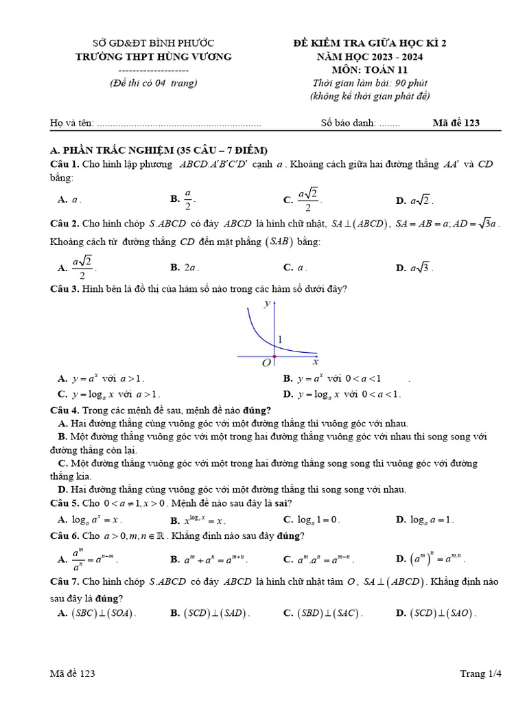 De Giua Hoc Ki 2 Toan 11 Nam 2023 2024 Truong THPT Hung Vuong Binh Phuoc | PDF