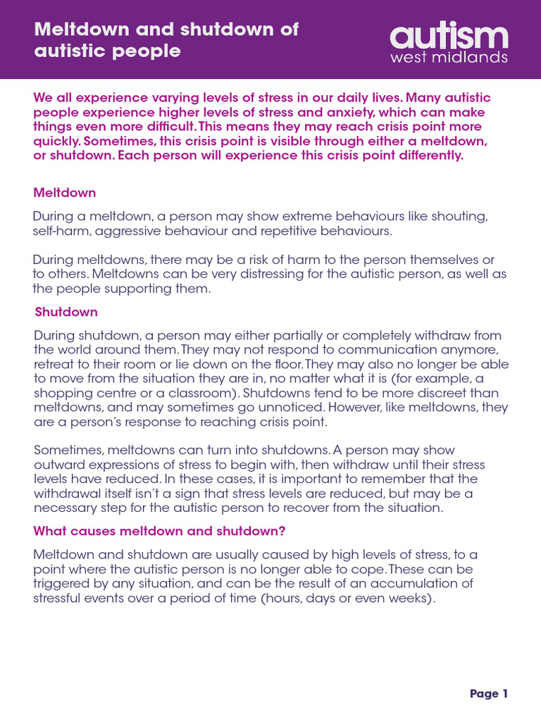 Meltdown and Shutdown Nov 2019 | PDF | Stress (Biology) | Autism Spectrum