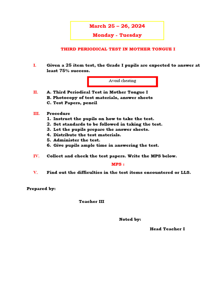 PERIODICAL TEST LESSON PLAN GRADE 1 | PDF