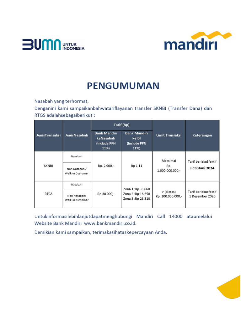 PENGUMUMAN Penyesuain Tarif RTGS & SKN | PDF