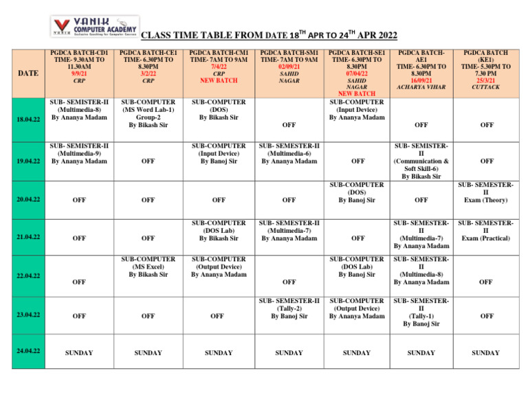 Computer Class Schedule 18TH-24TH Apr 2022 | PDF | Computing | Computer Engineering