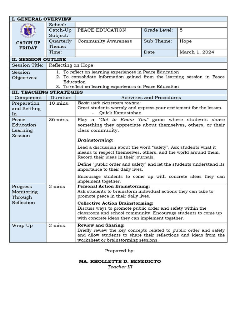 Grade 5 Catch Up Friday March 1 Lesson Plan - SDO SAN JUAN PEACE EDUCATION | PDF | Brainstorming ...