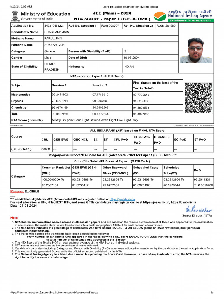 JEE Main 2024 Scorecard Details | PDF | Career And Technical Education ...