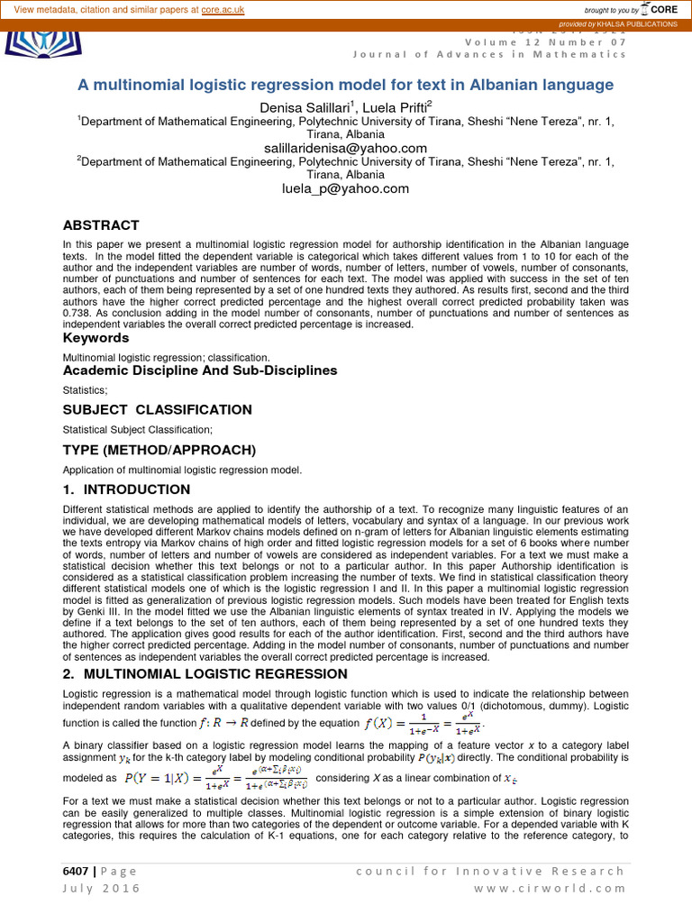 A Multinomial Logistic Regression Model For Text in Albanian Language | Download Free PDF ...