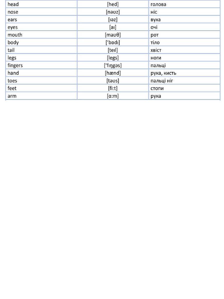 Words Body Parts | PDF