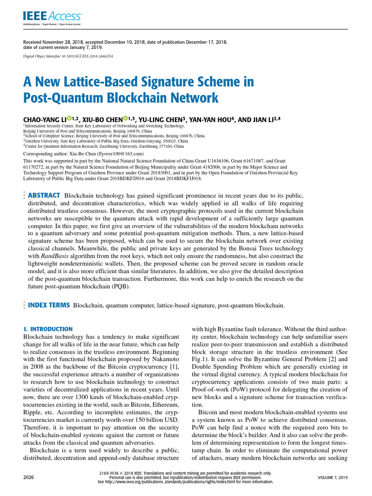 A New Lattice-Based Signature Scheme in Post-Quantum Blockchain Network ...