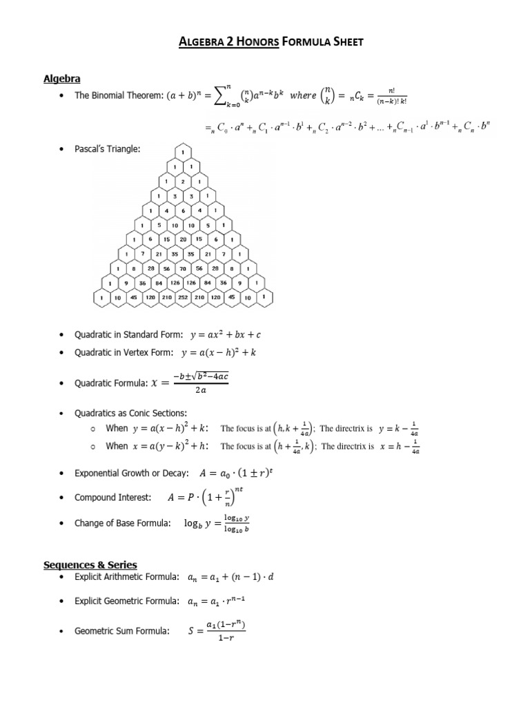 Algebra 2 Honors Formula Sheet | Download Free PDF | Trigonometric ...