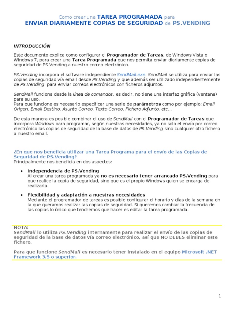 Tarea Programada: Backup Diario PS.Vending | PDF | Apoyo | Software