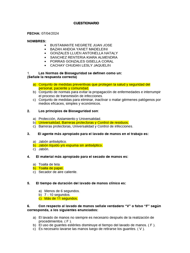 Cuestionario de Bioseguridad | PDF | Lavado de manos | Medicina CLINICA