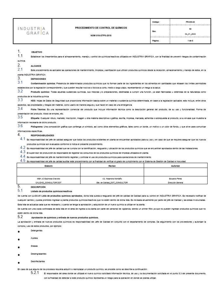 PR-SG-32 Procedimiento de Control de Quimicos V03 Nuevo Jcec | PDF ...