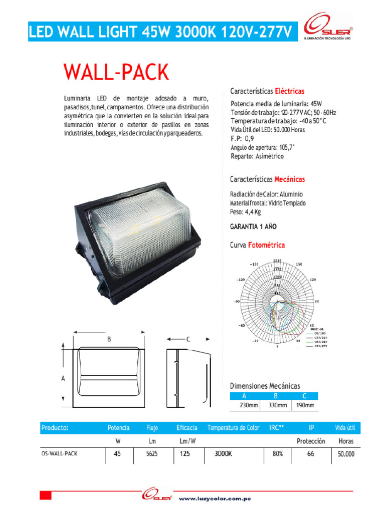 Perimetral Led Wall Pack 45W 3000K 120 277V Osler | PDF