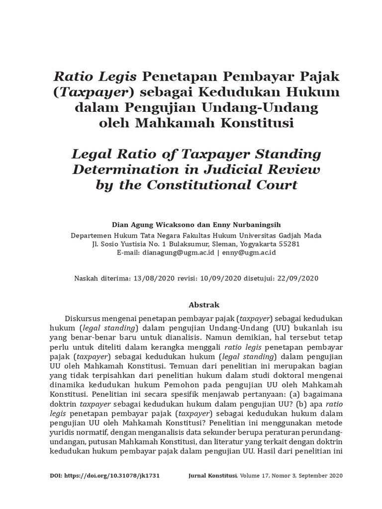 Ratio Legis Penetapan Pembayar Pajak (Taxpayer) Sebagai Kedudukan Hukum ...