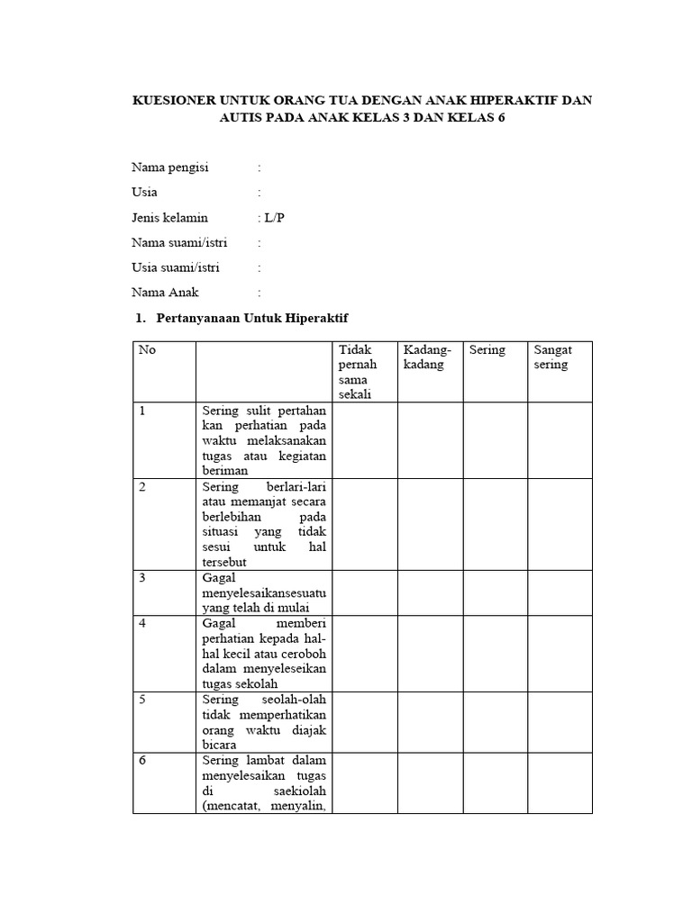 Kuesioner untuk Orang Tua Anak Autis | PDF