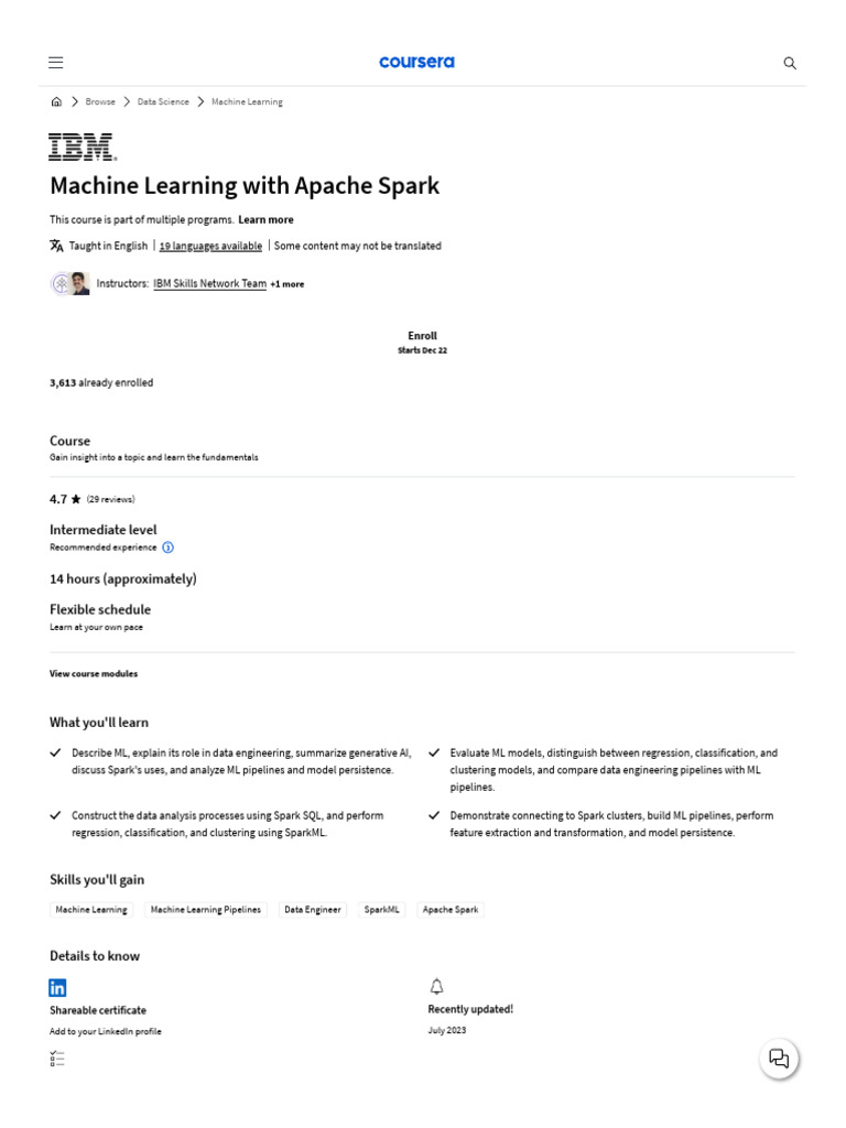B3. Machine Learning With Apache Spark - Coursera | PDF | Machine Learning | Apache Spark
