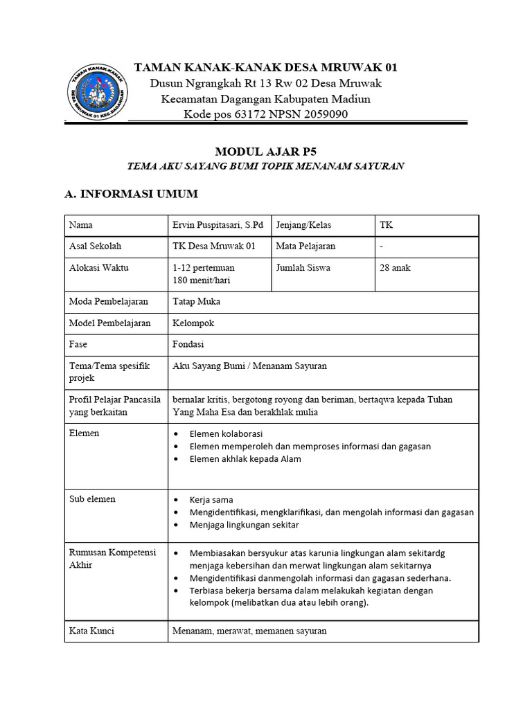 "Modul TK: Menanam Sayuran" | PDF