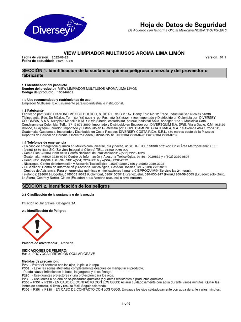 Johnson Profesional Diversey Hoja de Seguridad Limpiador Multiusos Aroma Limon | PDF | Residuos ...