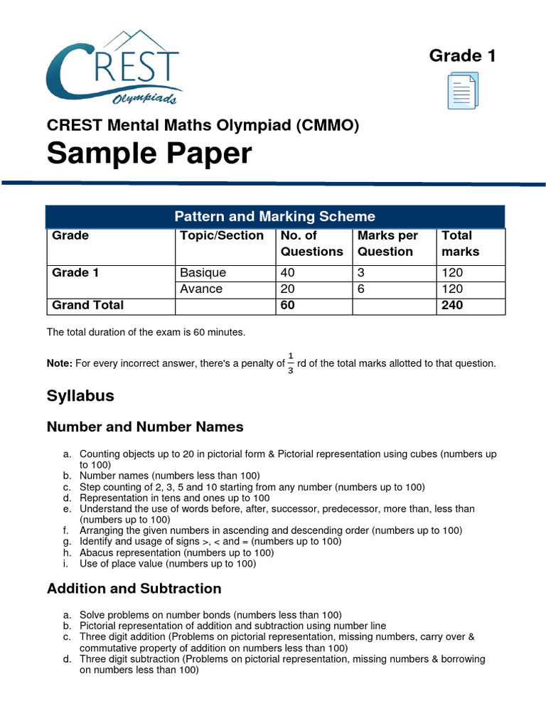 MMO Sample Paper For Class 1 | PDF