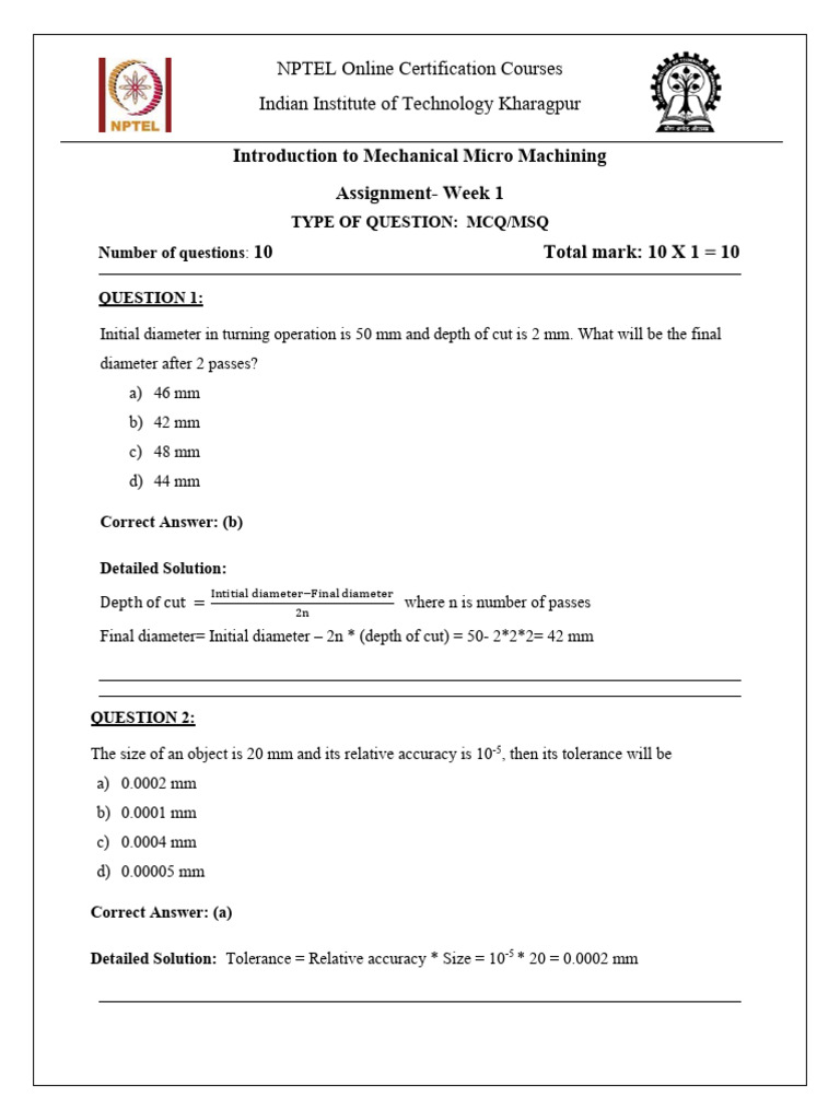 Introduction to Mechanical Micro Machining 2024 Assignments | PDF | Machining | Bearing (Mechanical)