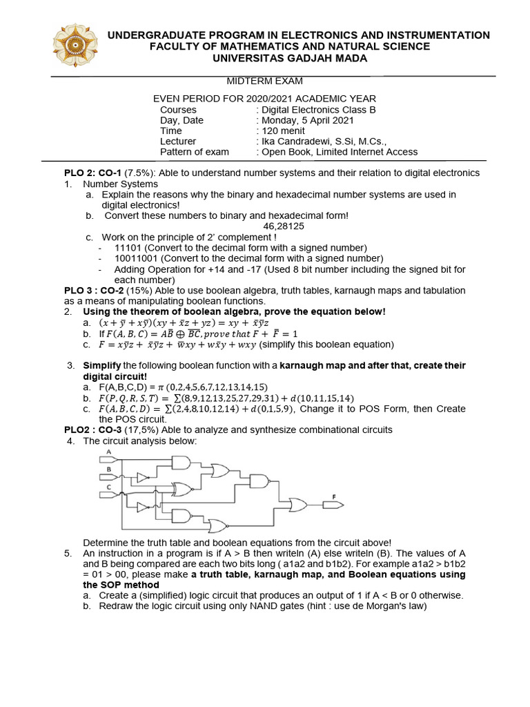 UTS Elektronika Digital 2021 B | PDF | Boolean Algebra | Teaching Mathematics