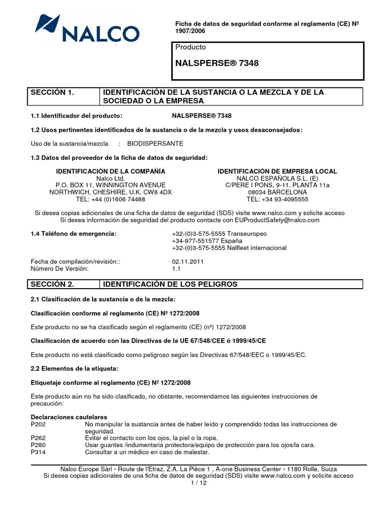 FDS Dispersante 7348 Nalco | PDF | Residuos | Agua
