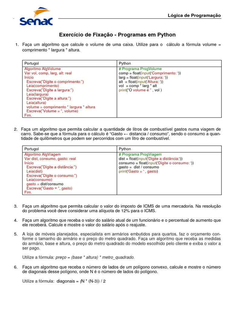 Exercícios Sala de Aula - Portugol e Python | PDF | Algoritmos