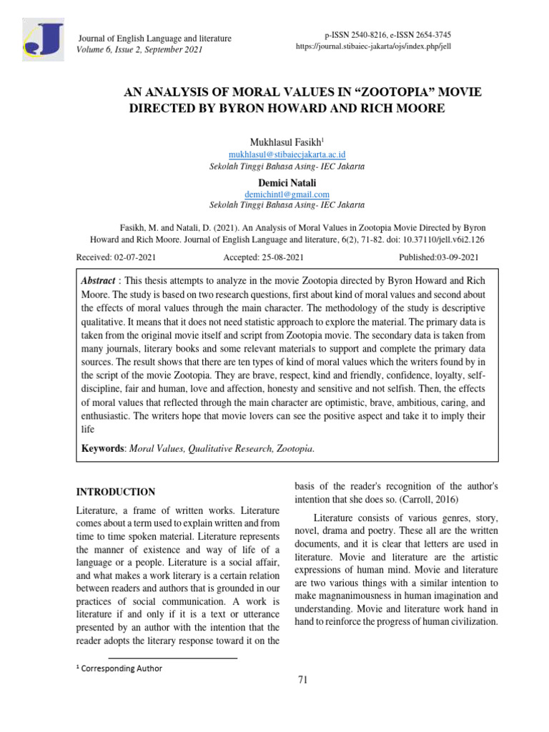 AN ANALYSIS OF MORAL VALUES IN “ZOOTOPIA” MOVIE DIRECTED BY BYRON ...