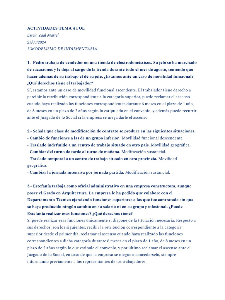 ACTIVIDADES TEMA 4 FOL- ESTELA ZAAL (1) | PDF | Salario | Daños y perjuicios