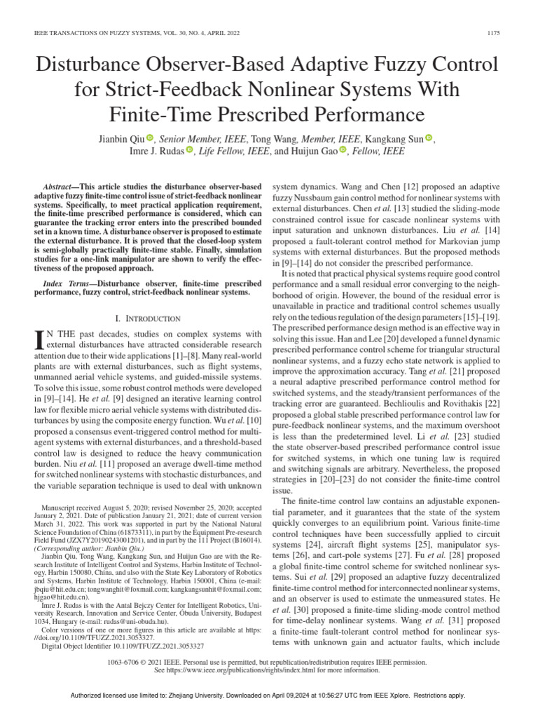 Disturbance Observer Based Adaptive Fuzzy Control For Strict Feedback Nonlinear Pdf Applied