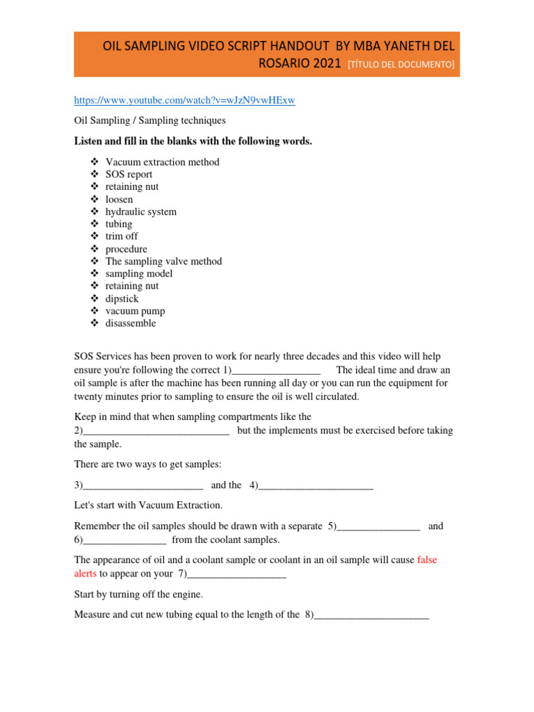 4quiz OIL SAMPLING LISTENING FILL IN THE BLANKS SS | PDF | Pump | Vacuum