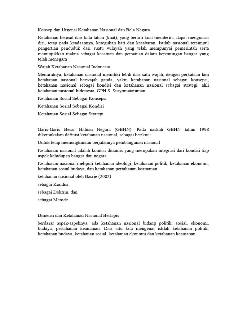 Konsep Dan Urgensi Ketahanan Nasional Dan Bela Negara | PDF