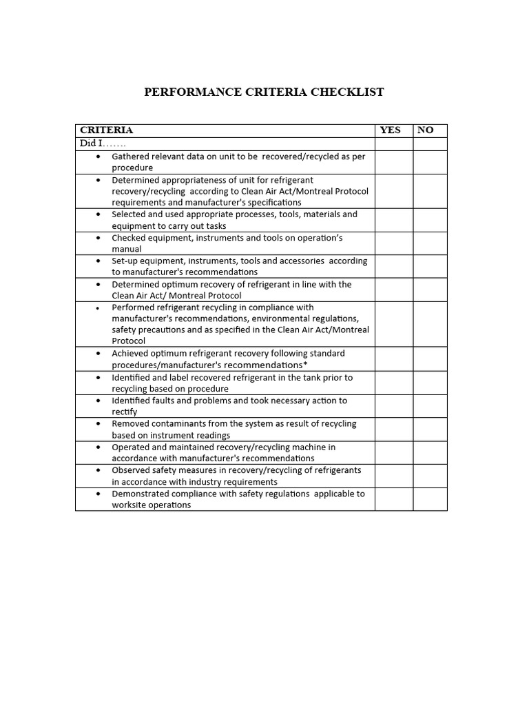 Performance Criteria Checlist | PDF