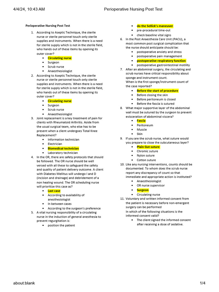 Perioperative Nursing Post Test | PDF | Surgery | Surgical Suture