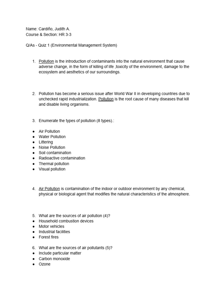 QUIZ-1-EMS-NORIEL | PDF | Waste | Pollution