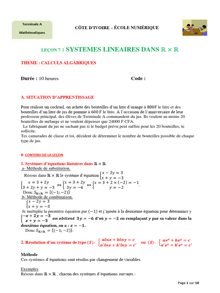 TA Maths Leçon 07 Systèmes Linéaires | PDF | Équations | Nombre réel