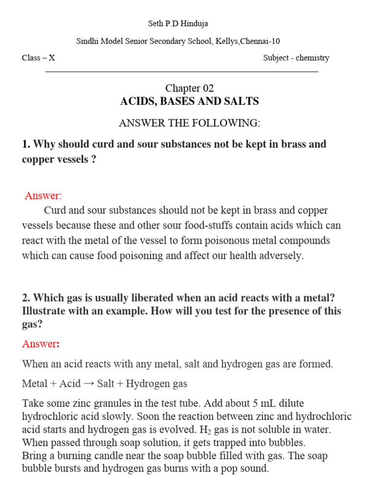 Answer The Following:: Acids, Bases and Salts | PDF | Sodium Carbonate ...