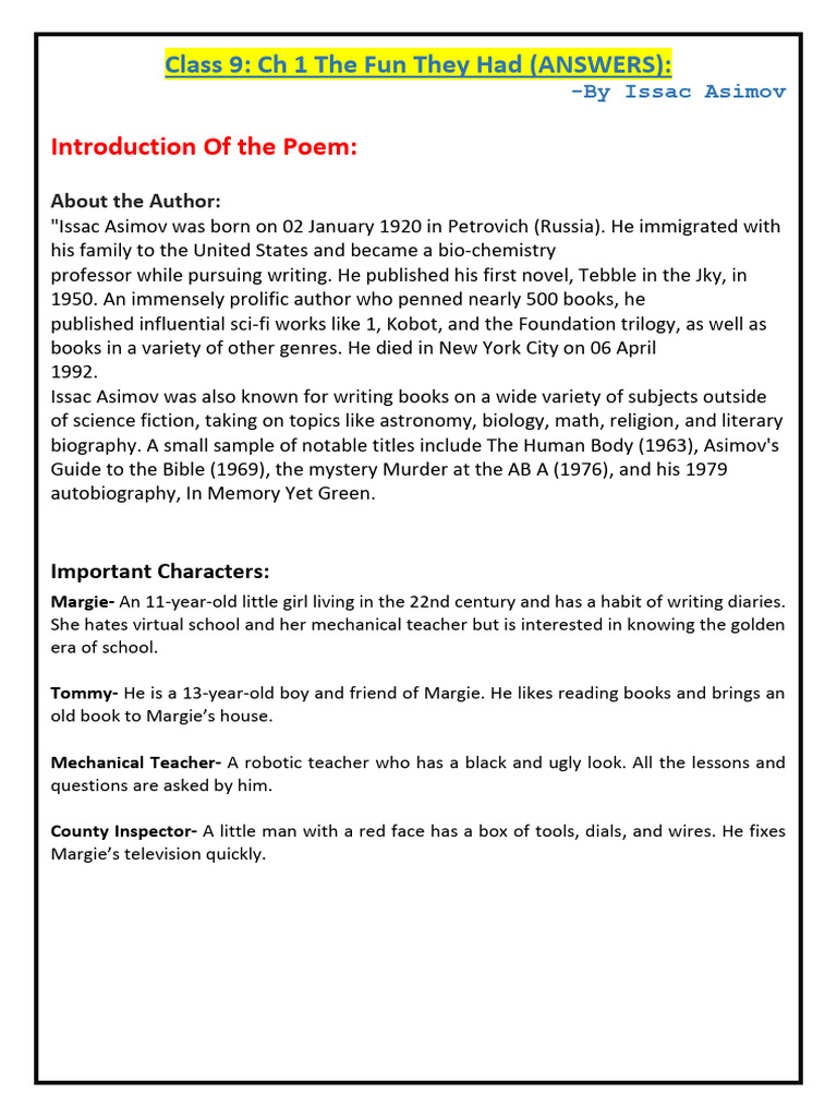 The Fun They Had Answers | PDF | Books | Isaac Asimov