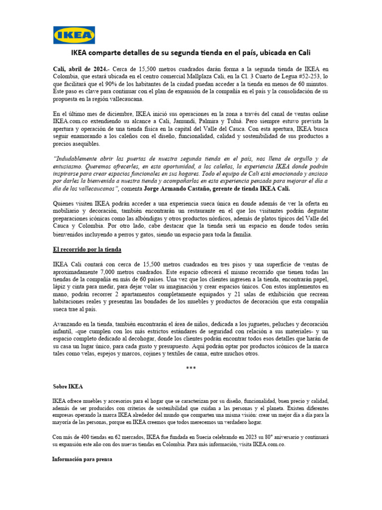 CP - IKEA Comparte Detalles de Su Segunda Tienda en El País, Ubicada en Cali | PDF