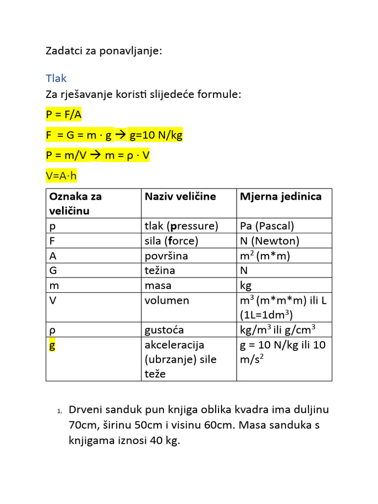 Tlak Zadatci Za 7.raz | PDF