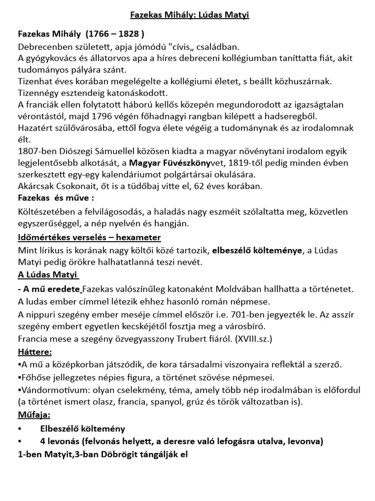 Lúdas Matyi Összefoglalás | PDF
