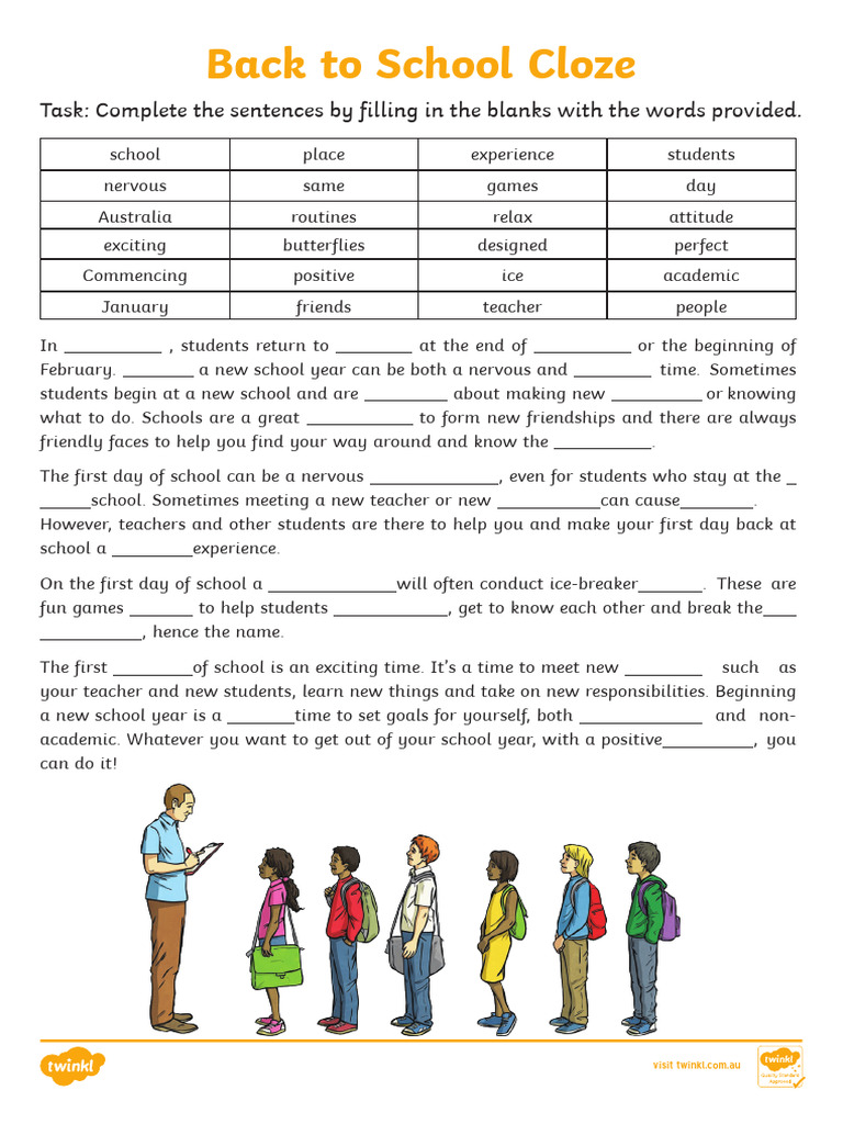 Back To School Cloze Activity Sheet | PDF | Cognition | Cognitive Science